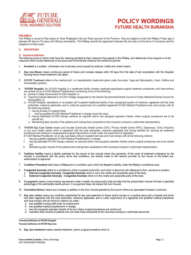Future Health Suraksha Policy Details | PDF | Insurance | Hospital