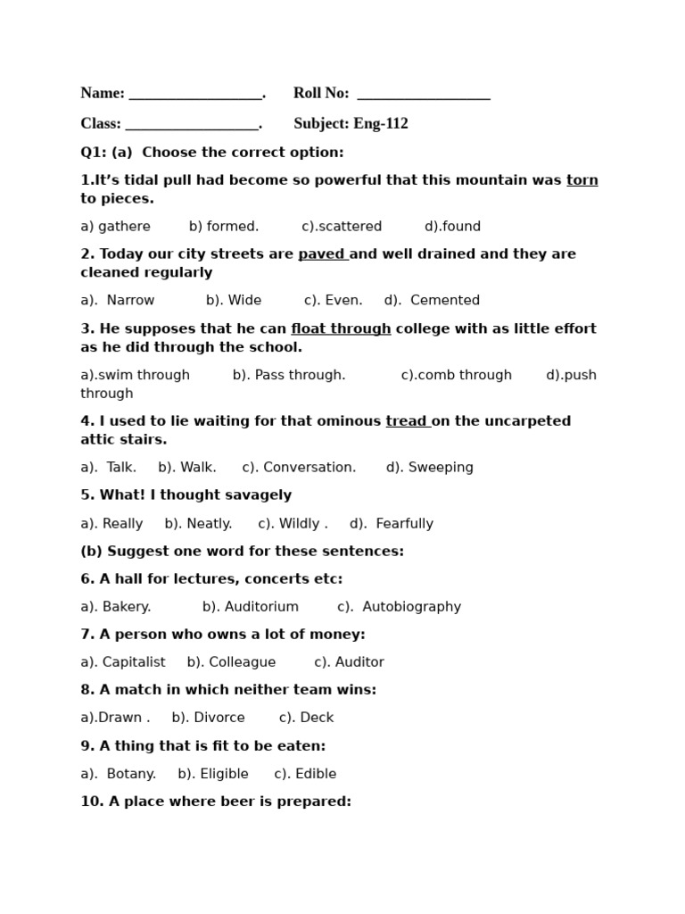 1st Year English Model Question Paper | PDF
