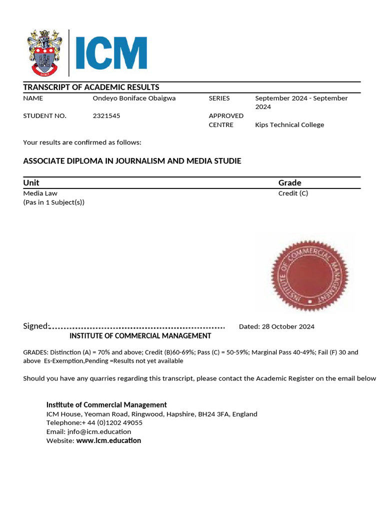 Ondeyo Obaigwa Academic Transcript 2024 | PDF