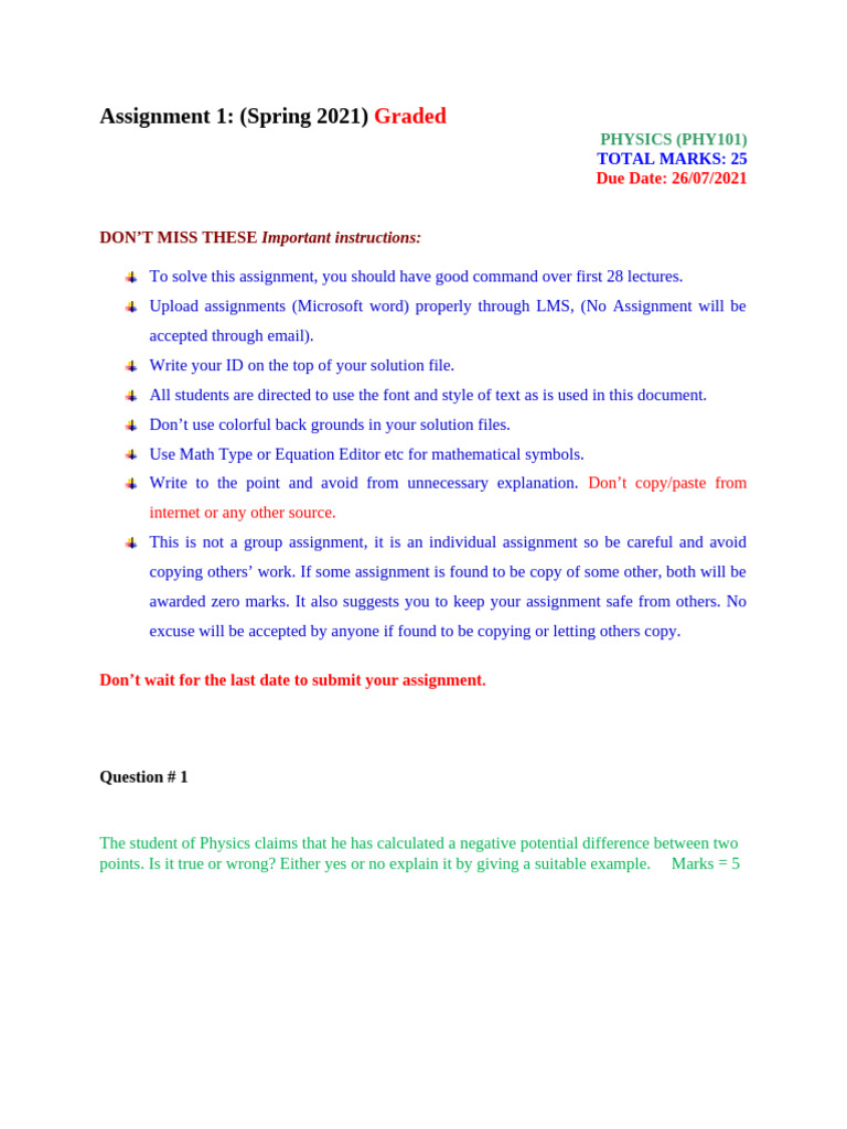 PHY101 Spring 2021 Assignment Guide | PDF