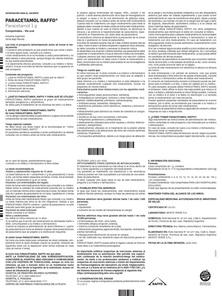 Paracetamol 1 G Prospecto Pacientes Raffo | PDF | Medicamentos con ...