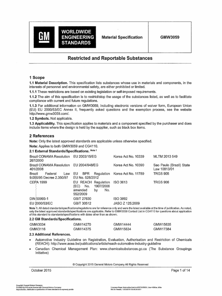 GMW 3059 Restricted and Reportable Substances - 2015.10 | PDF