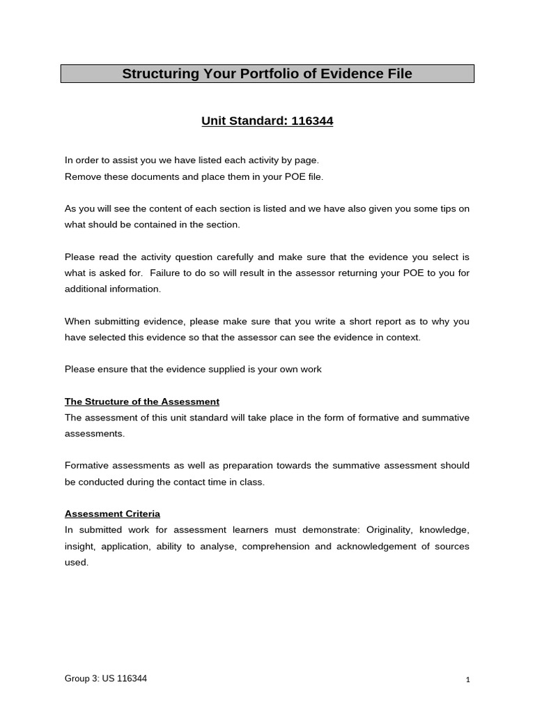 Portfolio of Evidence Guidelines for US 116344 | PDF | Audit | Auditor ...
