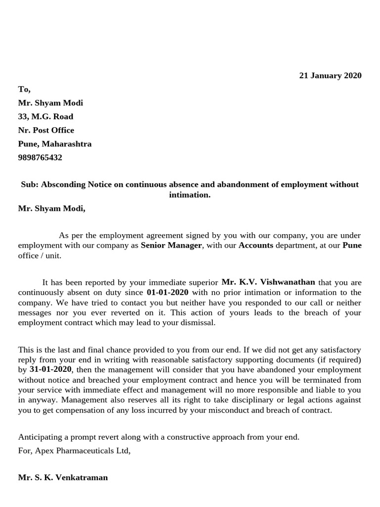 Absconding Letter Format | PDF