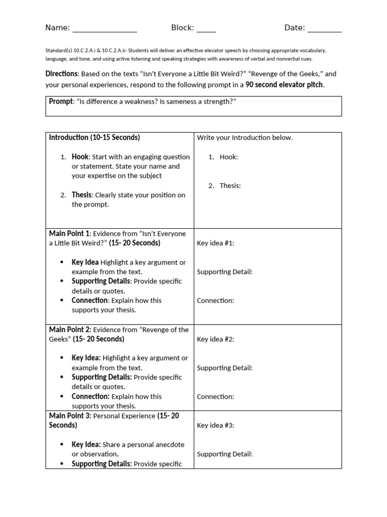 Unit 3- Elevator Pitch Graphic Organizer (Formative)-1 (2) | PDF ...