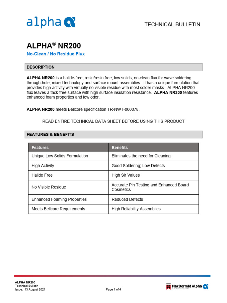 ALPHA NR200 Liquid Flux EN 13aug21 TB | PDF | Soldering | Secondary ...
