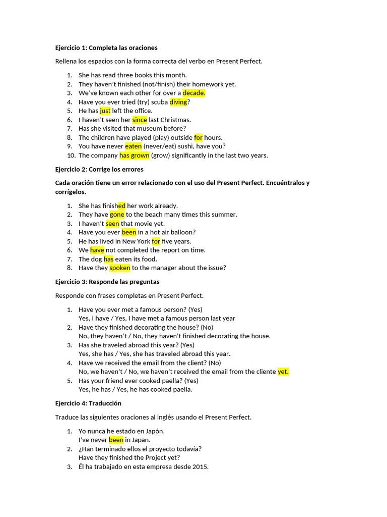 Ejercicios de Presente Perfecto en Inglés | PDF