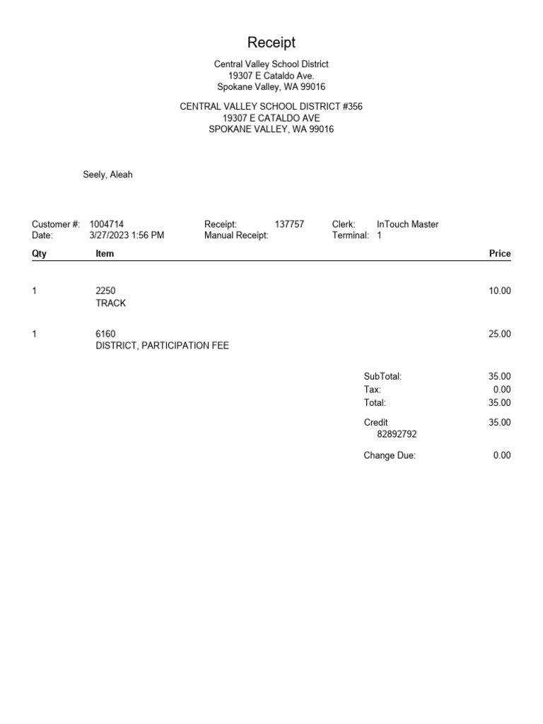 Central Valley School District Receipt | PDF