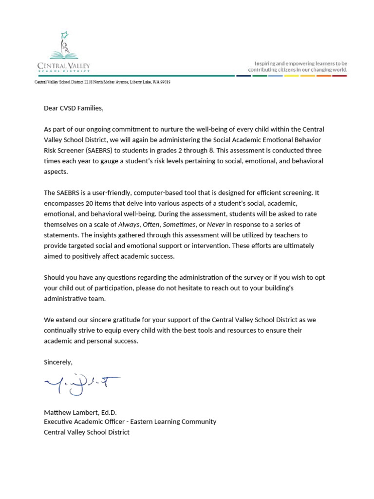 SAEBRS Parent.guardian Letter 2023-2024 | PDF