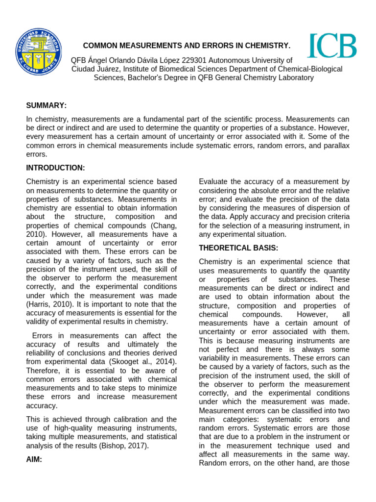 Practice 4 MEASUREMENTS AND COMMON ERRORS IN CHEMISTRY | PDF | Observational Error | Measurement