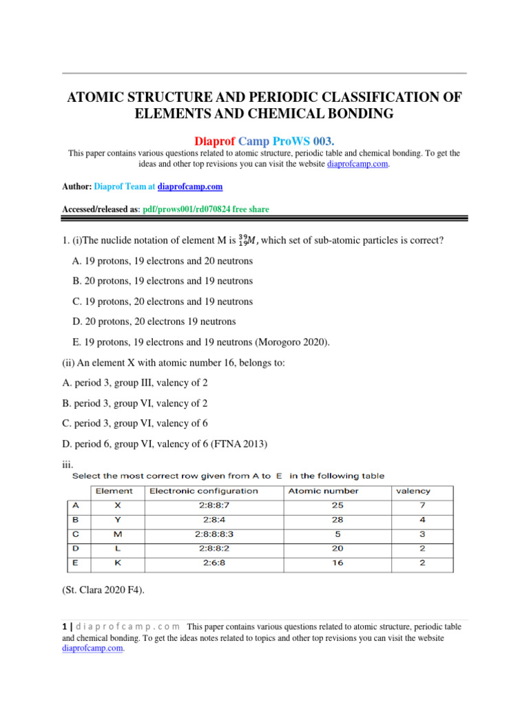 Questions On Atomic Structure Periodic Classification of Elements and Chemi | PDF | Chemical ...