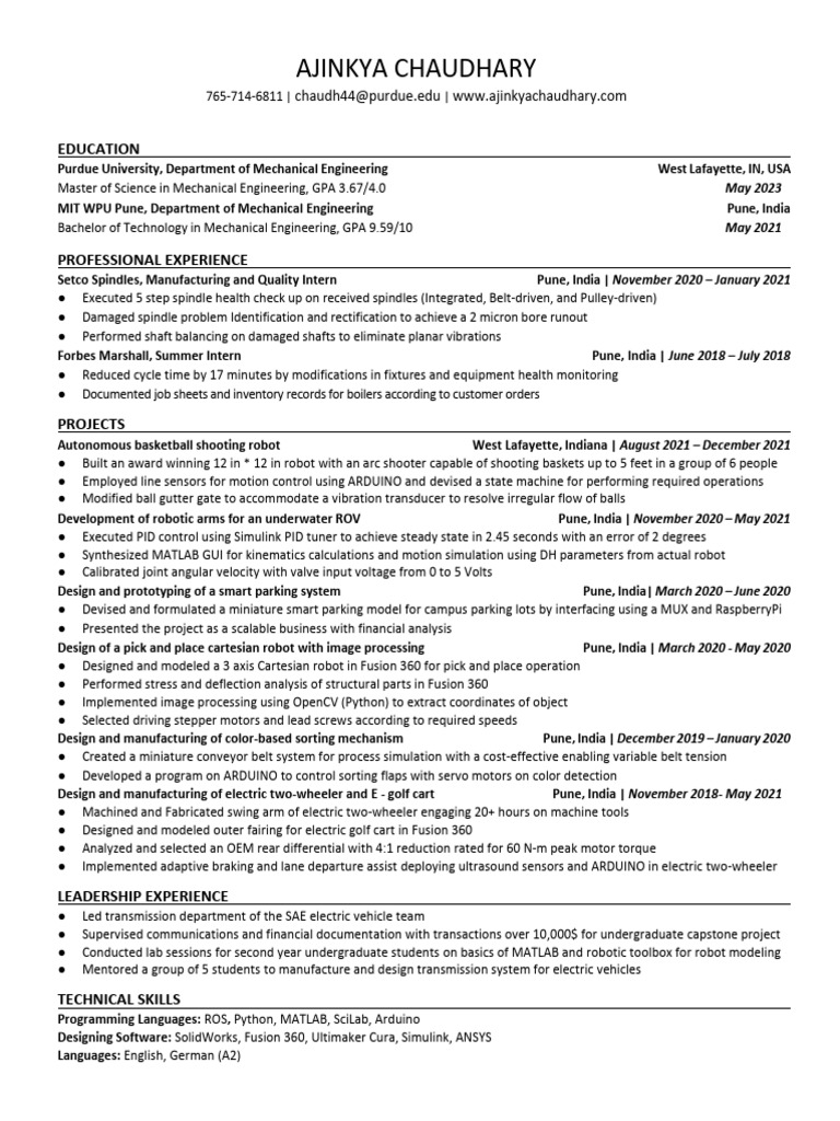 VMock Profile: Ajinkya Chaudhary | PDF | Mechanical Engineering