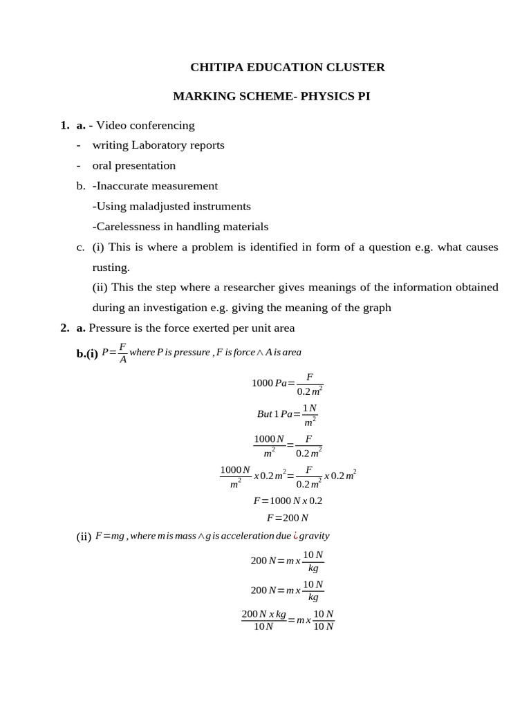 2019 Physics Mock Pi Marking Scheme | PDF | Force | Friction