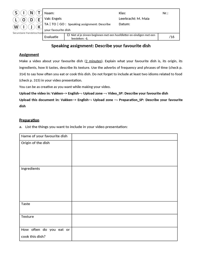 Describe Your Favorite Dish Assignment | PDF | Grammar | Phrase