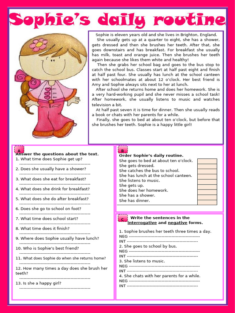 sophies-daily-routine-reading-comprehension-exercises_21729 | PDF | Meal