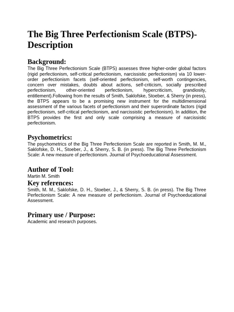 The Big Three Perfectionism Scale (BTPS)-Description | PDF