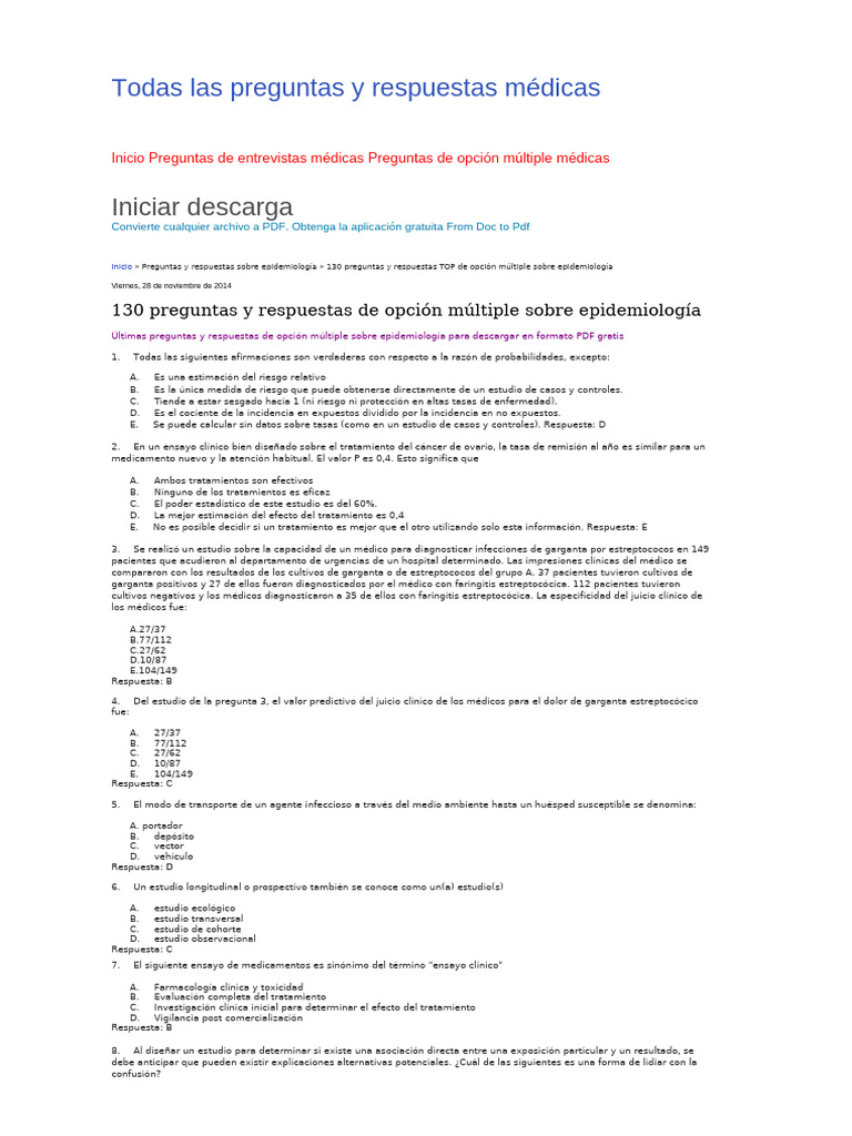 130 MEJORES Preguntas y Respuestas de Elección Múltiple en Epidemiología - Todas Las Preguntas y ...