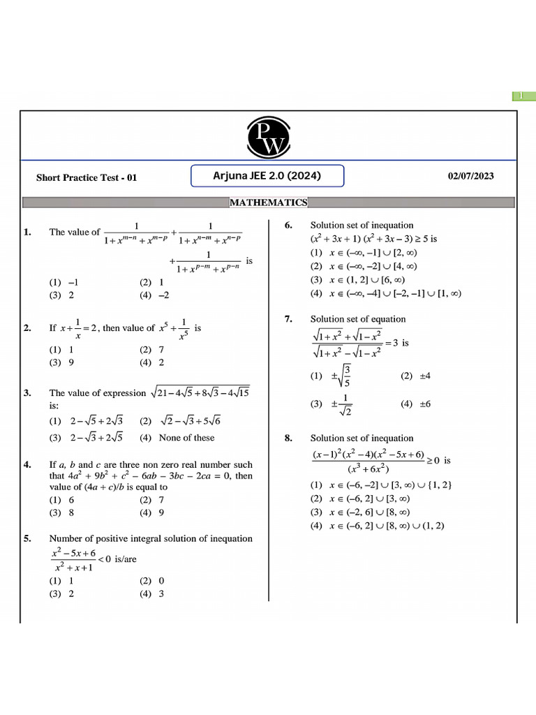 Short Practice Test 01 - Maths (Test Paper) - Arjuna JEE 2.0 2024 | PDF