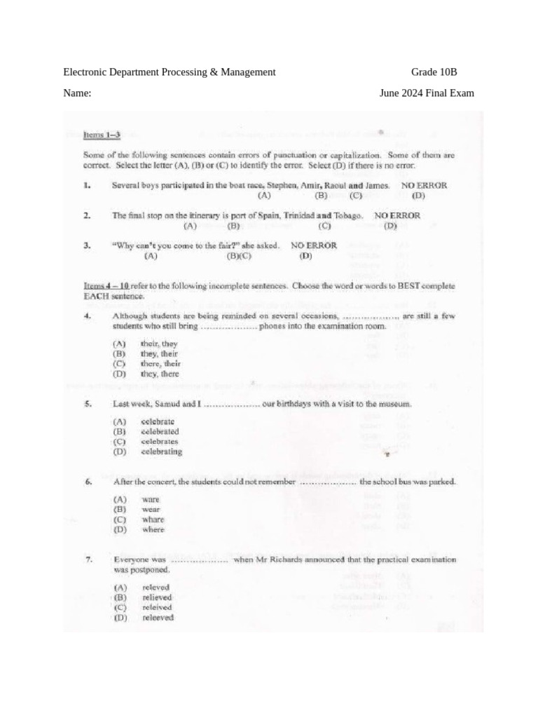 EDPM Grade 10B June Final Exam | PDF
