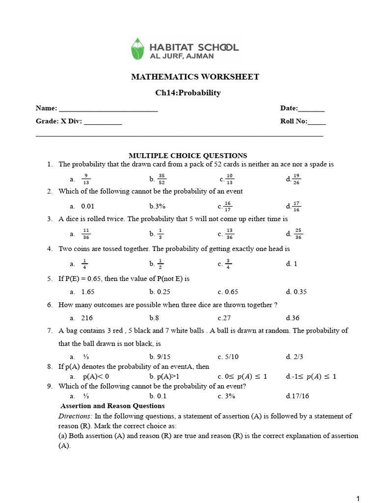 Grade 10 Probability Worksheet | PDF | Probability