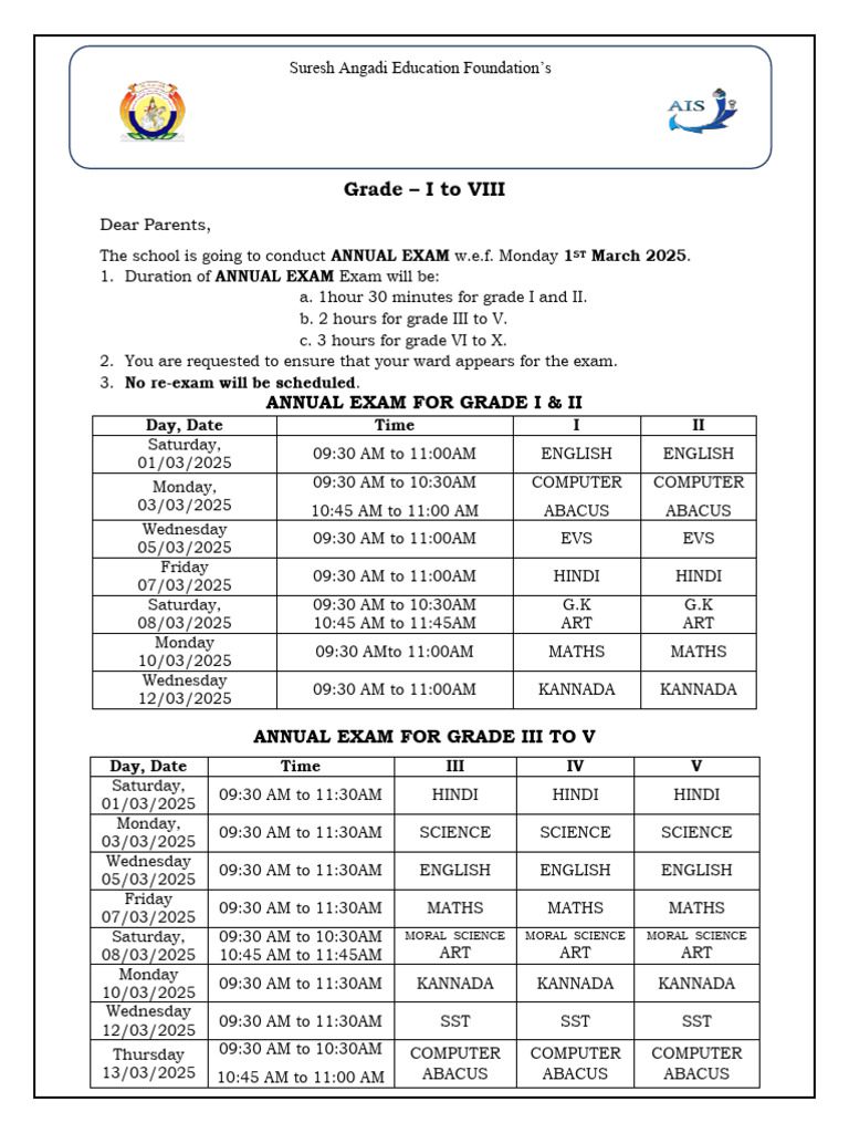 ANNUAL EXAM Time Table 2024-25 | PDF