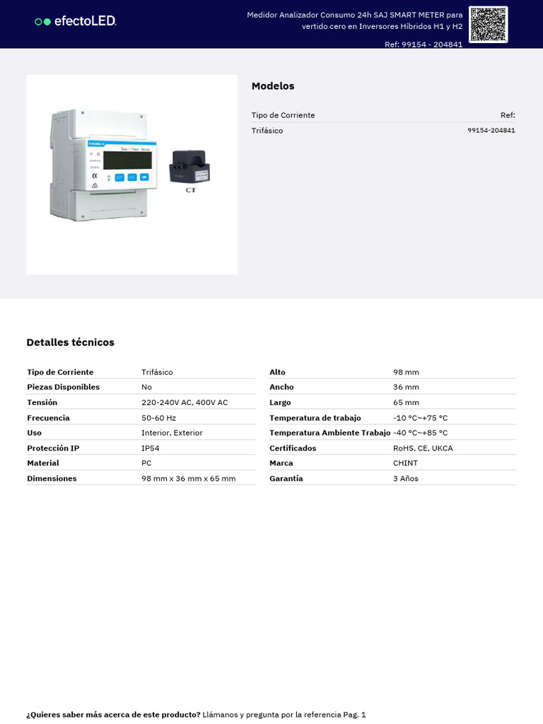 Medidor Analizador Consumo 24h SAJ SMART METER para Vertido Cero en ...