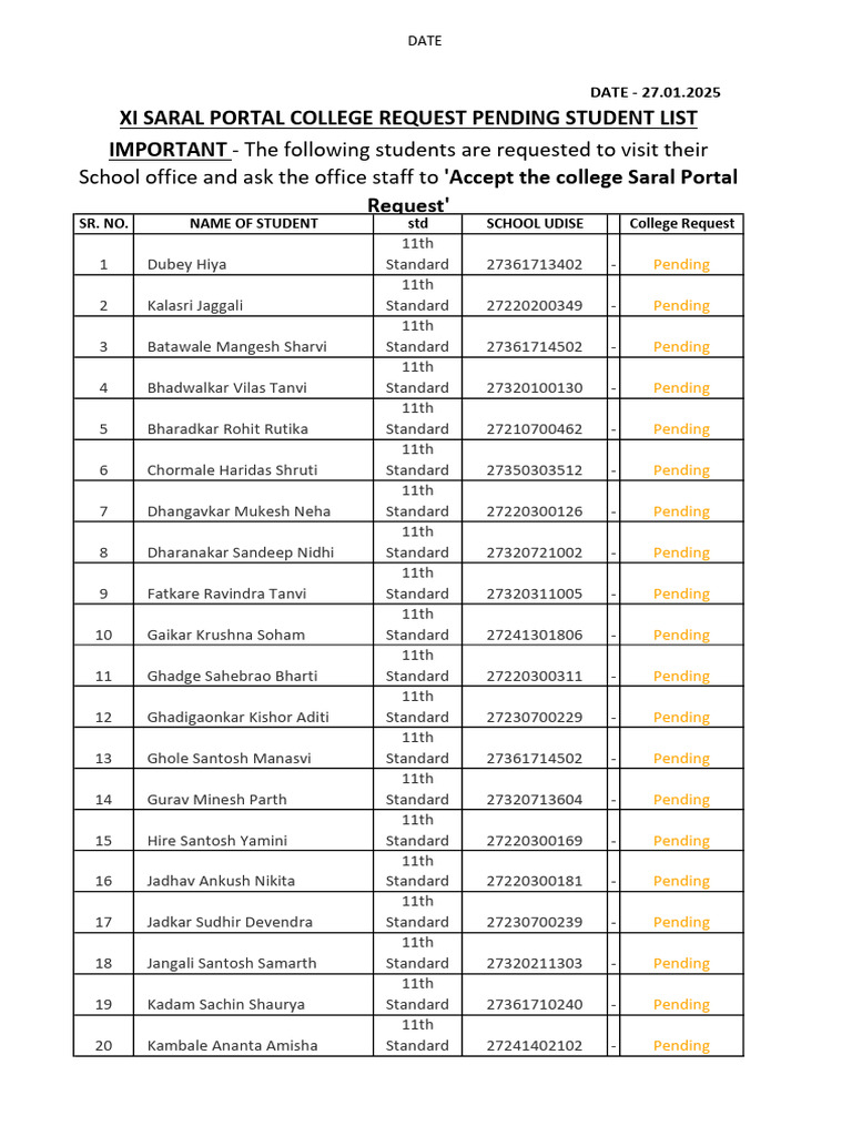 Xi Saral Pending List | PDF