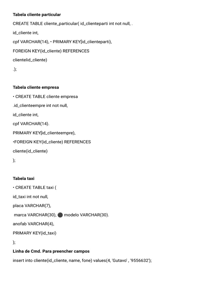 Estrutura de Tabelas para Clientes e Taxis | PDF