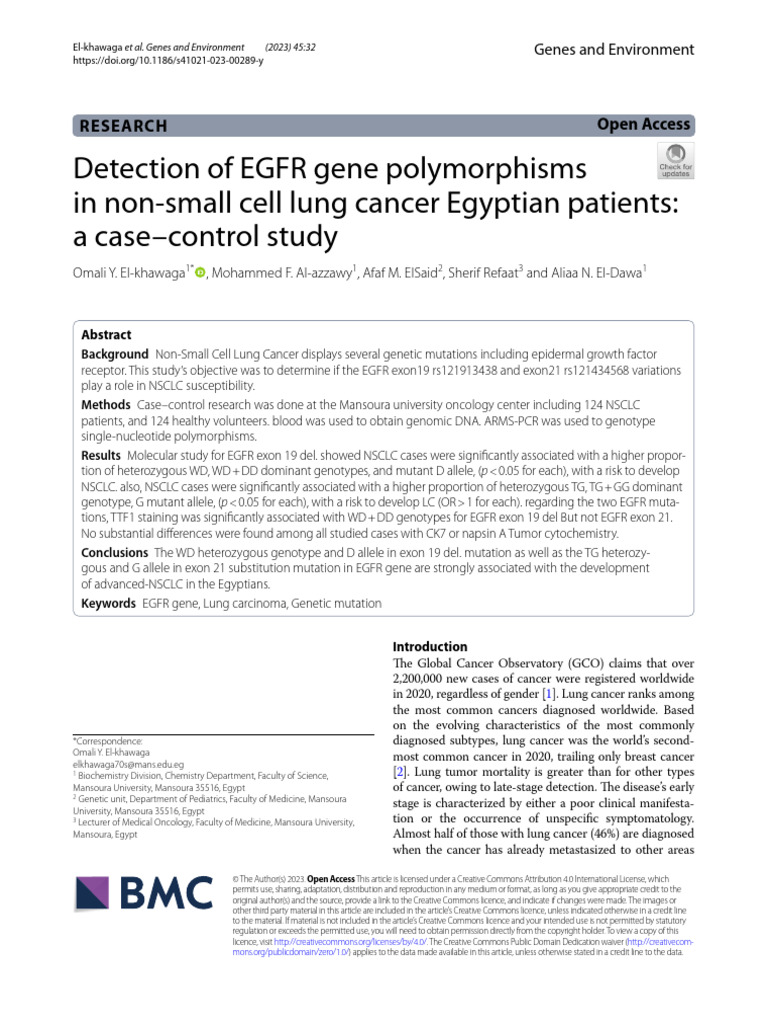 Detection of EGFR Gene Polymorphisms in Non Small Cell Lung Cancer Egyptian Patients: A Case ...