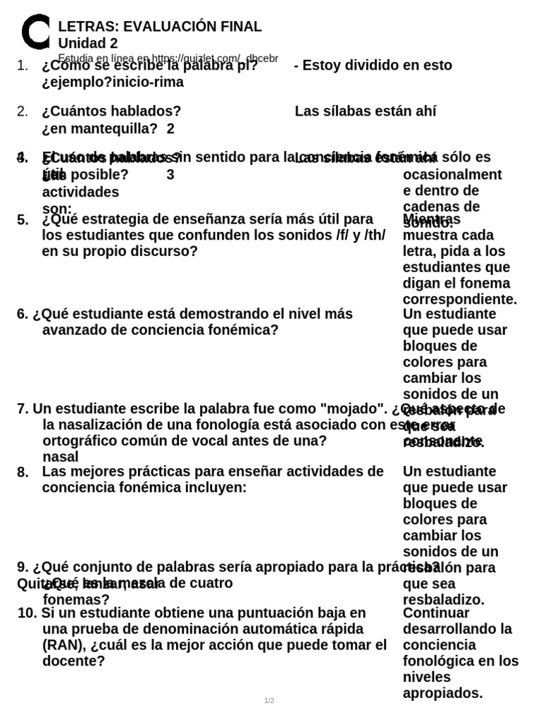 Respuestas de La Prueba de La Unidad 2 de LETRS | PDF | Sílaba | Fonología