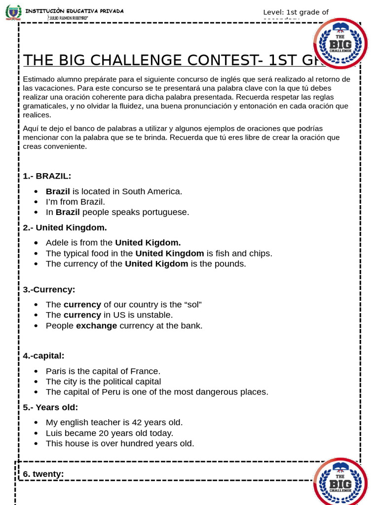 English Contest 1st Grade | PDF