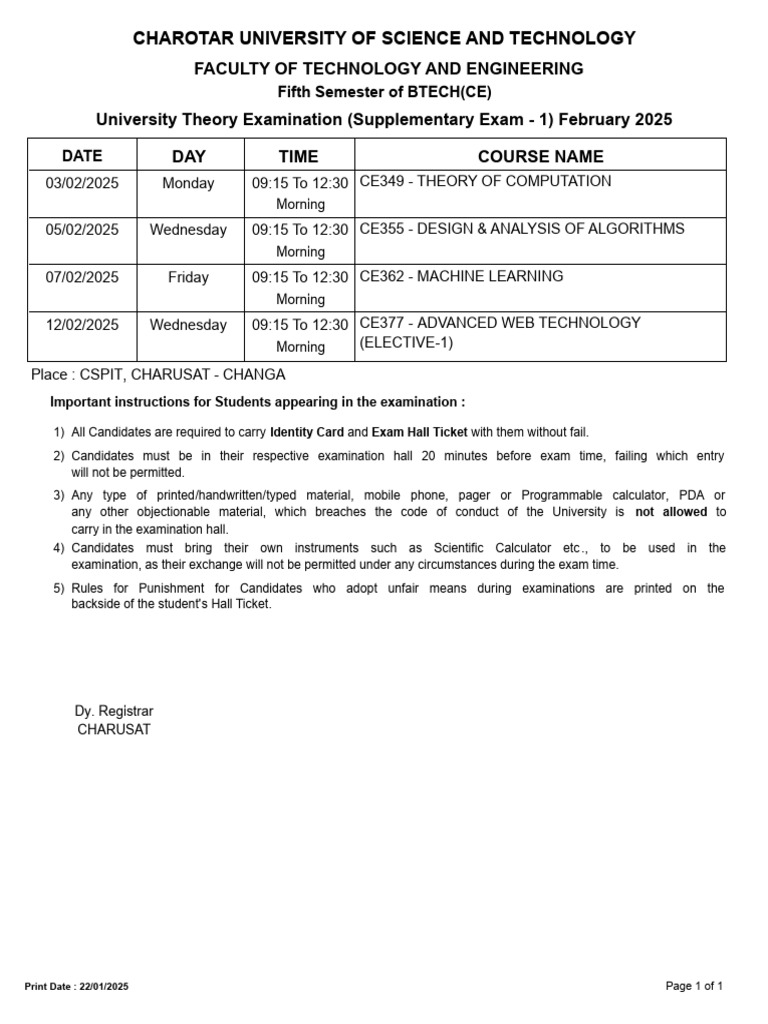 Theory_Schedule_Exam_BTECH(CE)_Session_5_Supplementary Exam - 1 | PDF