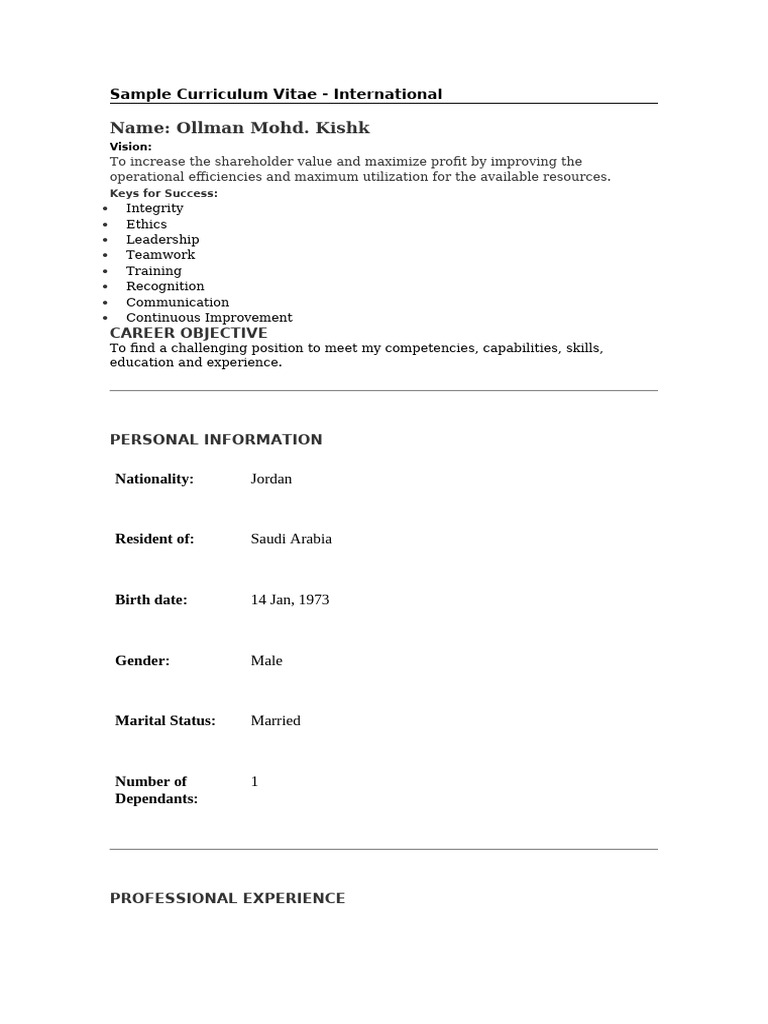 CV Sample Sample Curriculum Vitae | PDF | Quality Assurance