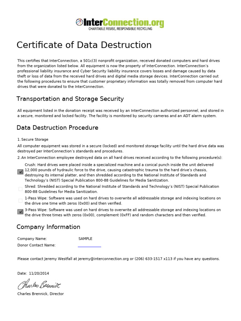 Certificate of Data Destruction Template | PDF