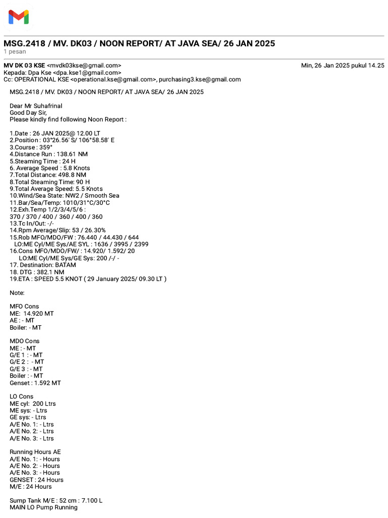 MV DK 03 Noon Report - 26 Jan 2025 | PDF