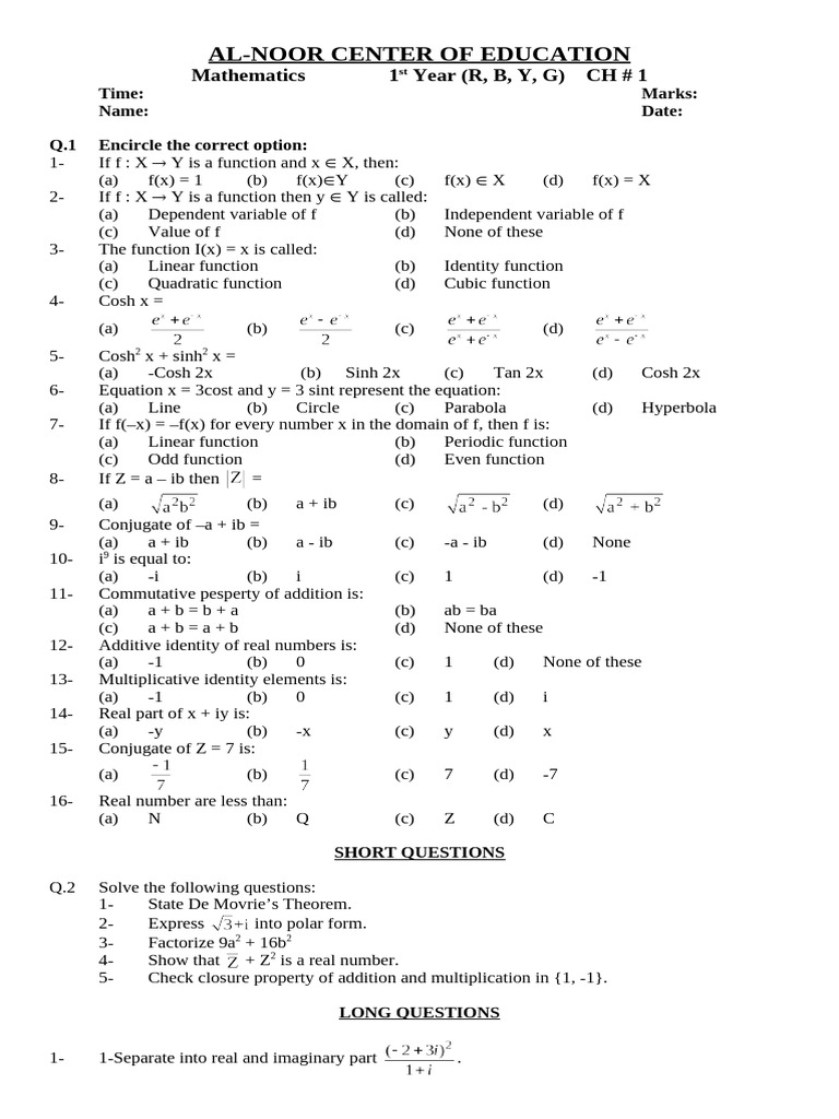 Mathematics 1st Year CH-1 | PDF | Function (Mathematics) | Complex Number