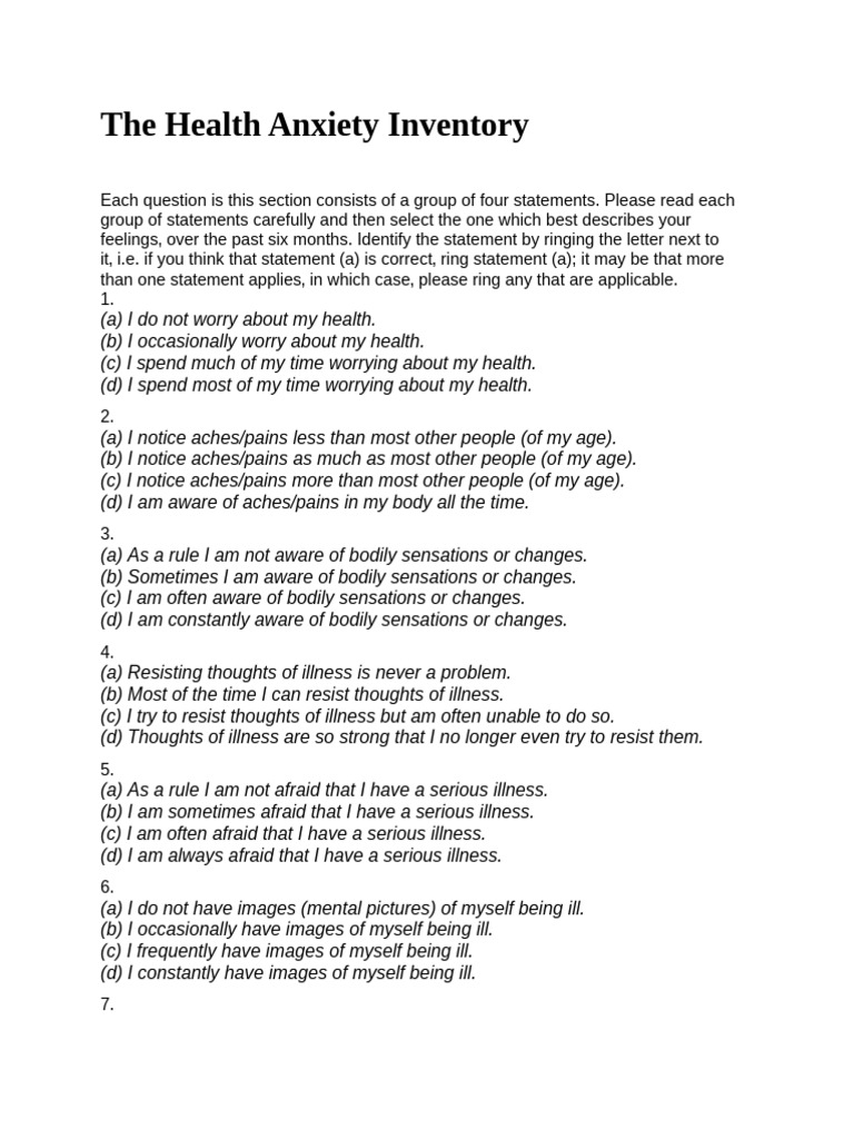 Health Anxiety Inventory Questionnaire | PDF | Thought | Mind