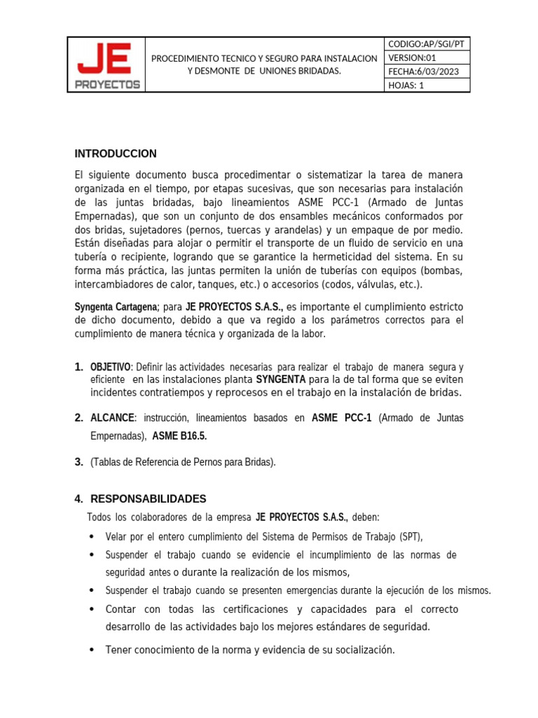 Procedimiento Tecnico y Seguro para Instalacion de Bridas. | PDF | Tornillo | Soldadura