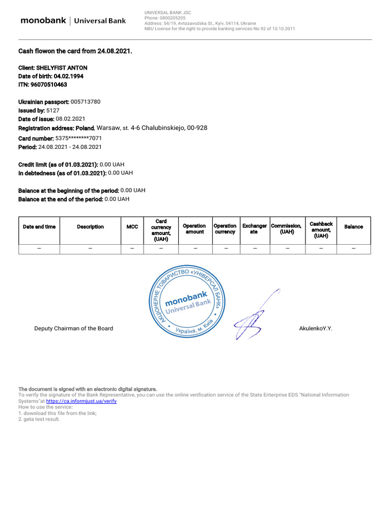 Universal Bank JSC Client Statement | PDF