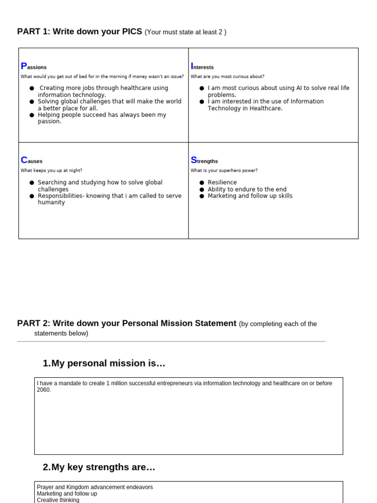 PICS and Personal Mission Statement Worksheet | PDF