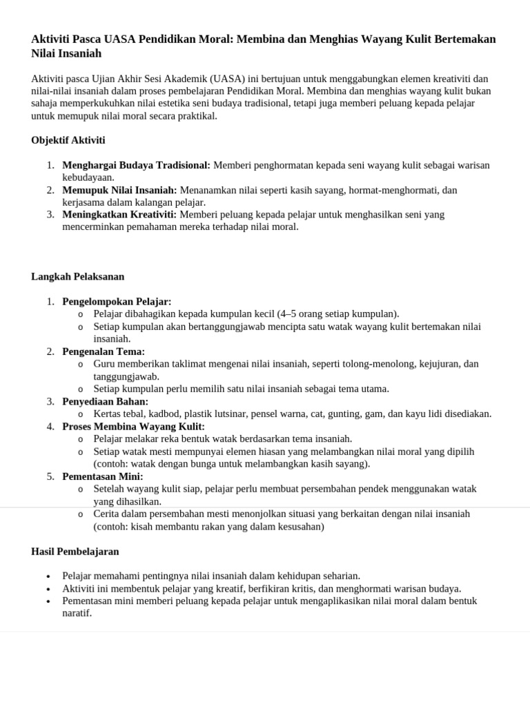 Aktiviti Pasca UASA Pendidikan Moral | PDF