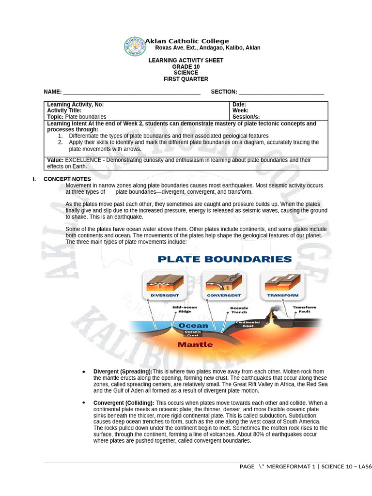 Grade 10 Science: Plate Boundaries Activity | PDF | Plate Tectonics ...