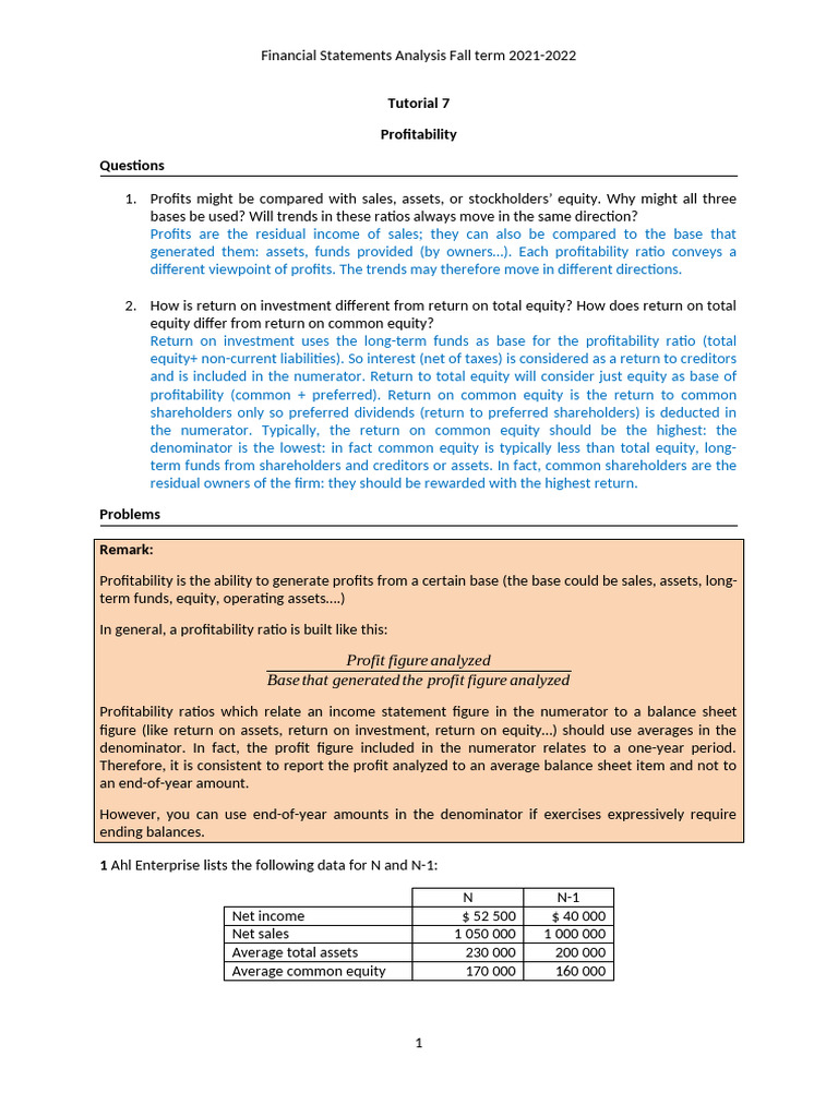 Profitability Analysis of Financial Statements | PDF | Equity (Finance ...