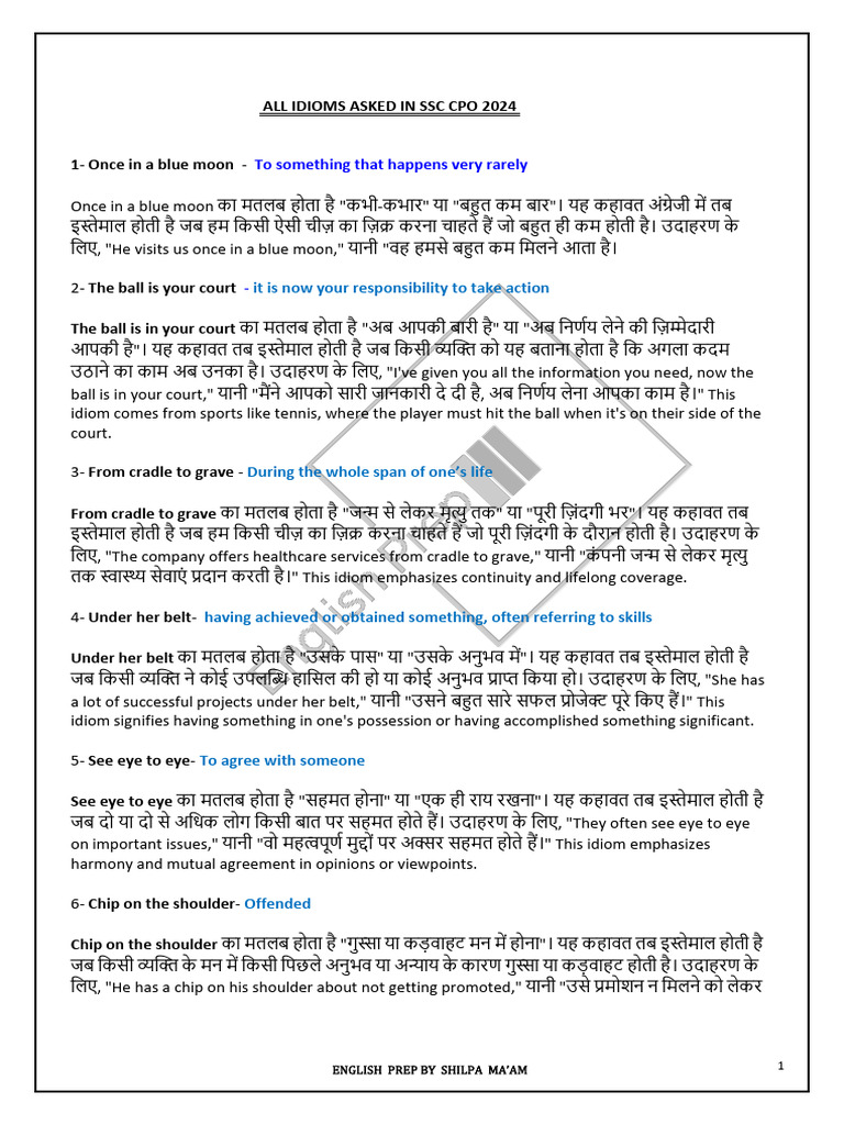 All Idioms Asked in Cpo 2024 | PDF