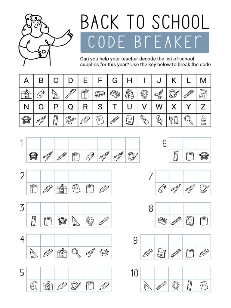Back To School Code Breaker Worksheet in Light Blue and Monochromatic | PDF