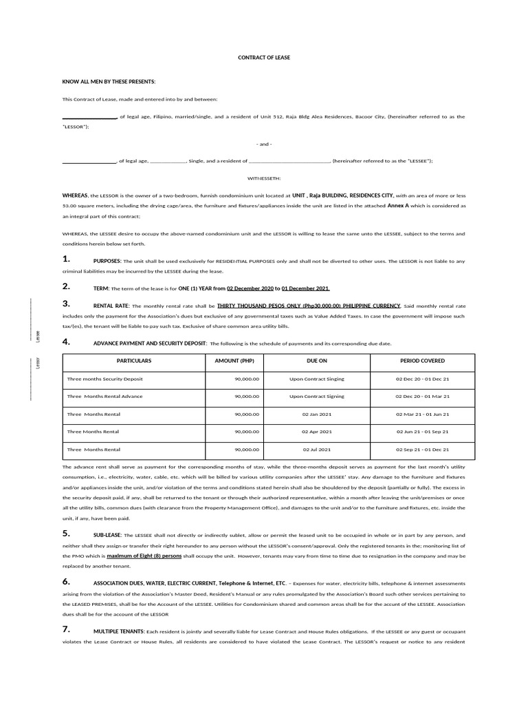 Contract of Lease Sample | PDF | Lease | Leasehold Estate