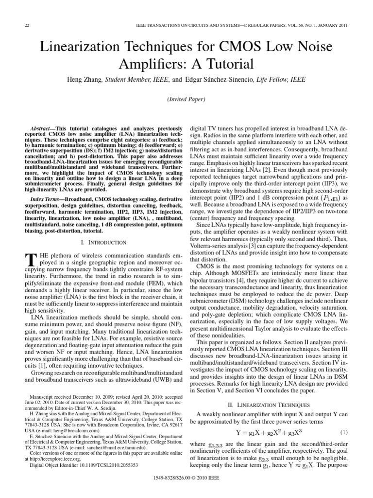 Linearization Techniques For CMOS Low Noise Amplifiers A Tutorial | PDF | Amplifier | Mosfet