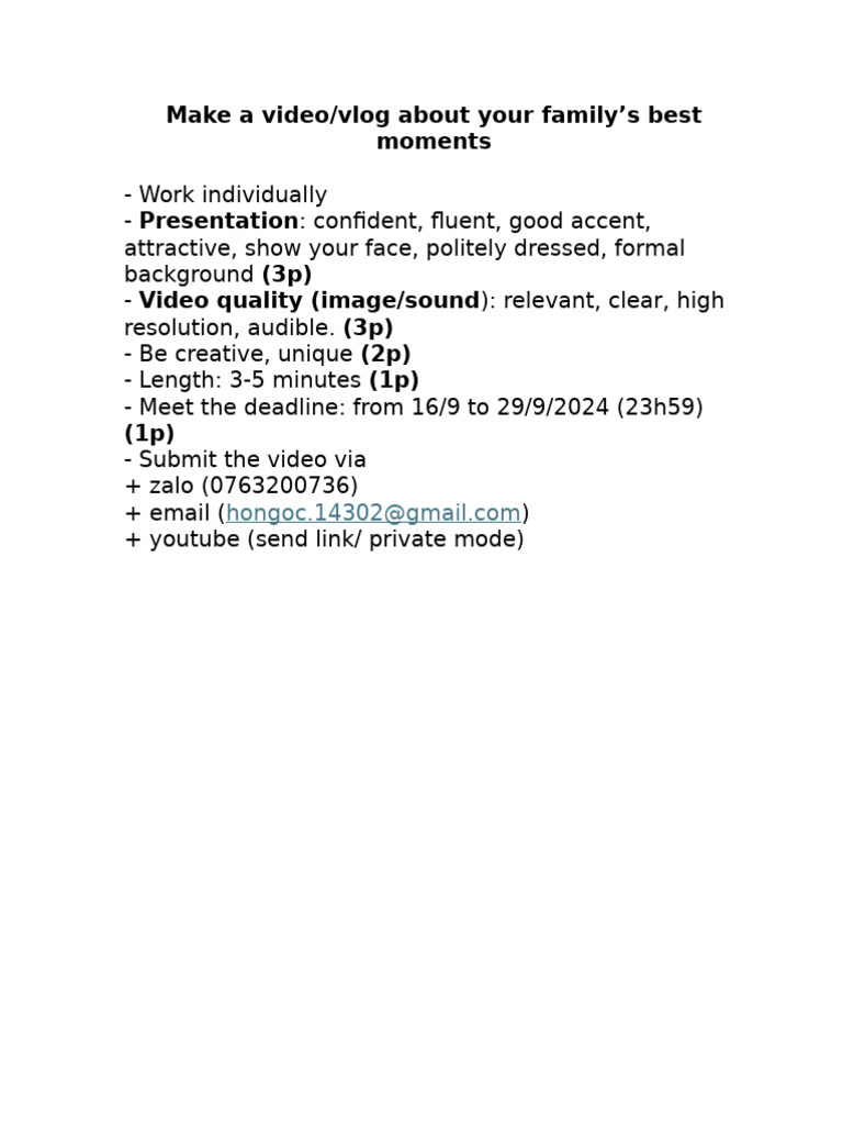 Rubric For Making A Videovlog About Family Life | PDF