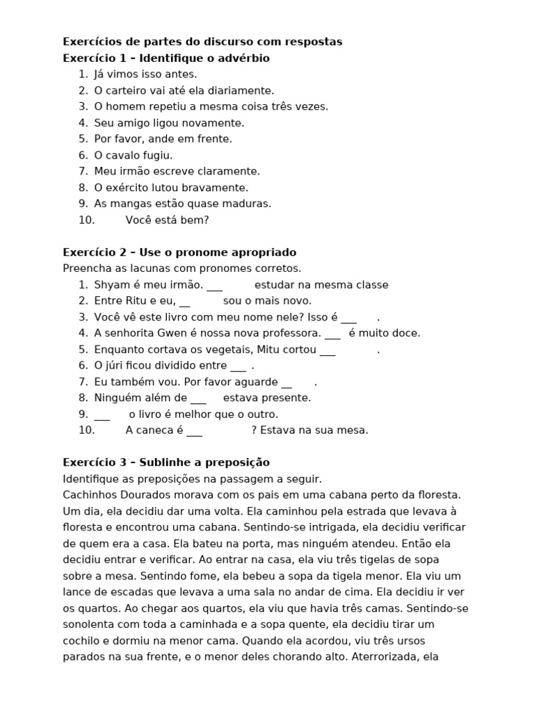 Exercícios de Classes Gramaticais Com Respostas | PDF | Pronome ...