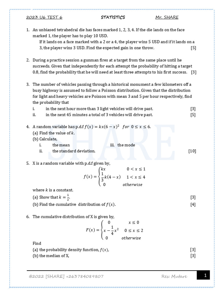 2023 Statistics Test Questions | PDF | Poisson Distribution | Teaching ...